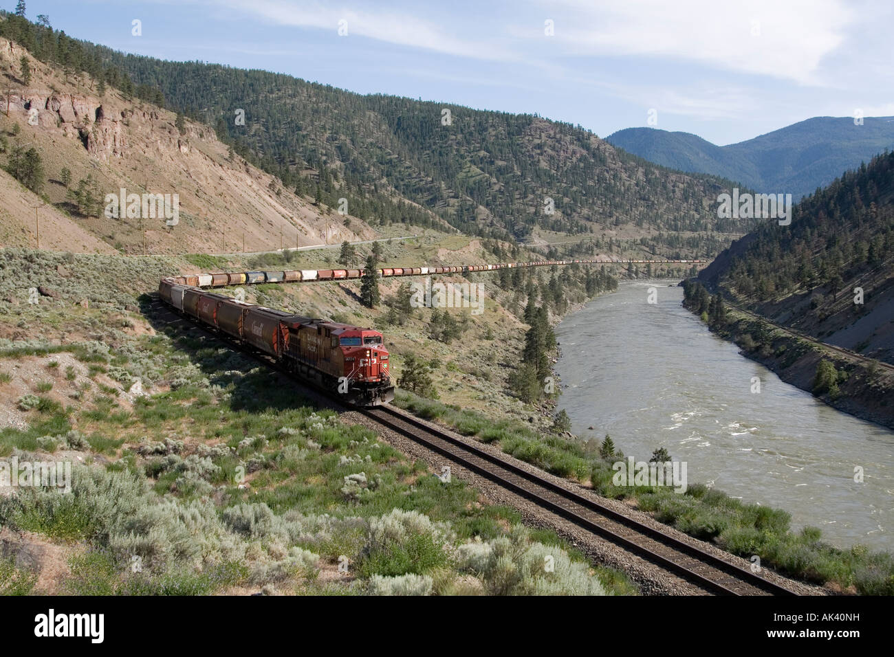 Canadian Pacific Locomotive hauls a freight train along the Fraser River in British Columbia ...
