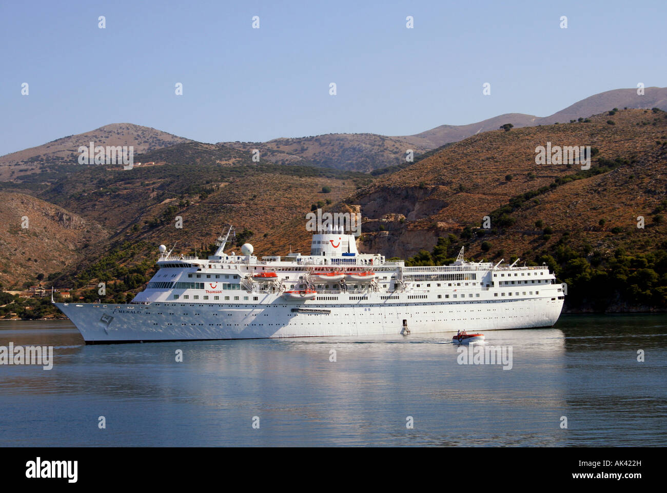 KEFALONIA. CRUISE SHIP ANCHORED IN THE GULF OF ARGOSTOLI. GREEK IONIAN ...
