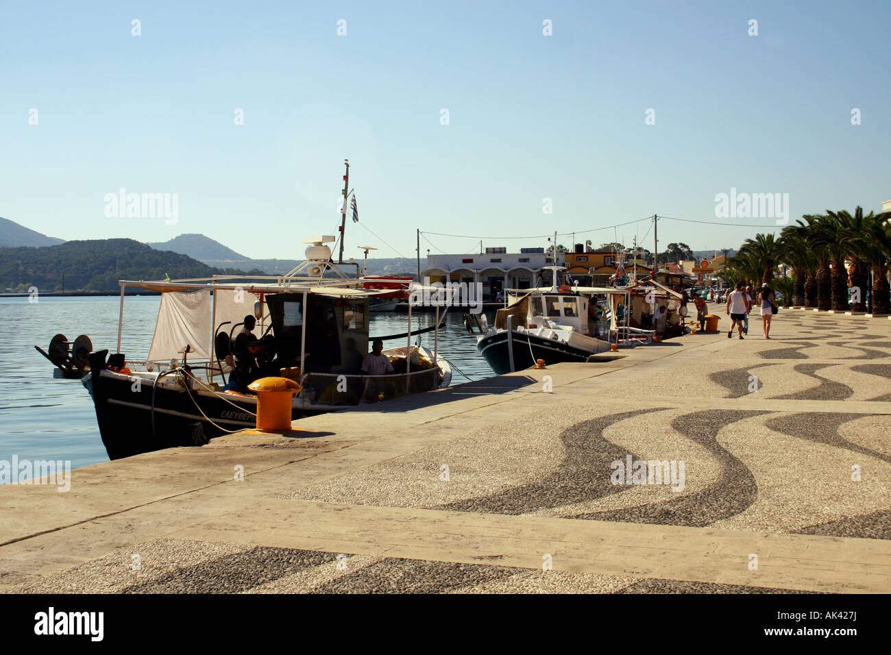 KEFALONIA. FISHING BOATS MOORED IN ARGOSTOLI HARBOUR. GREEK IONIAN ...