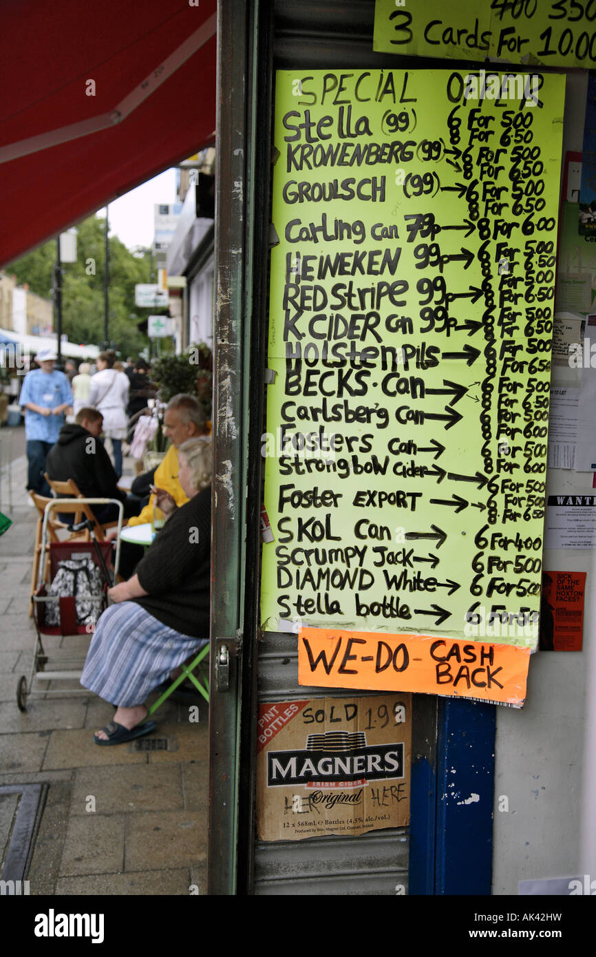 a list of alcoholic drinks that can be bought in a shop in Hoxton ...
