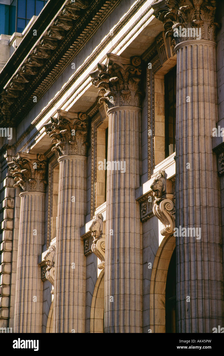 Architectural detail of columns at New York Public Library in mid town ...