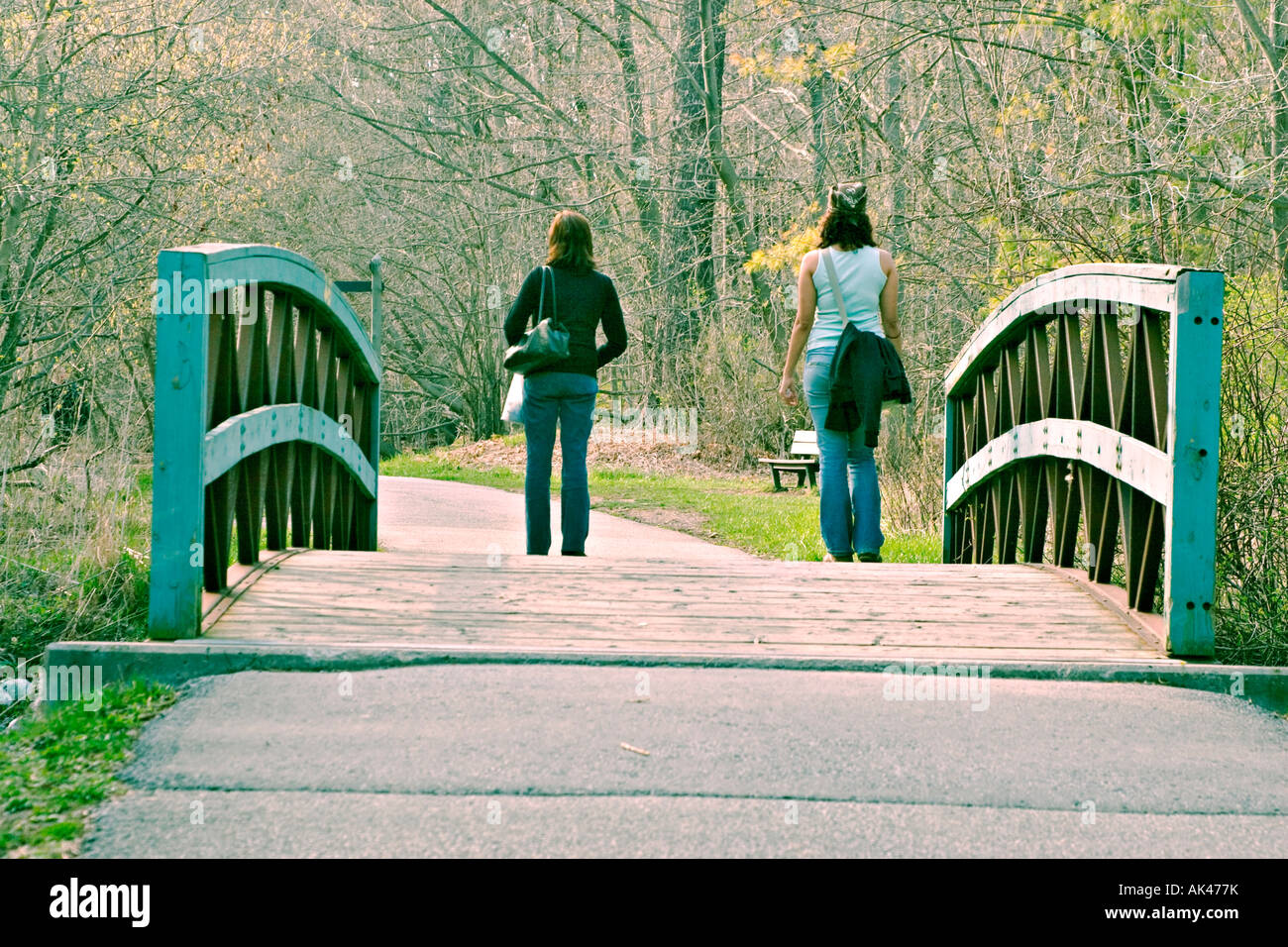 Two female persons crossing a wooden bridge in Edward Gardens park ...