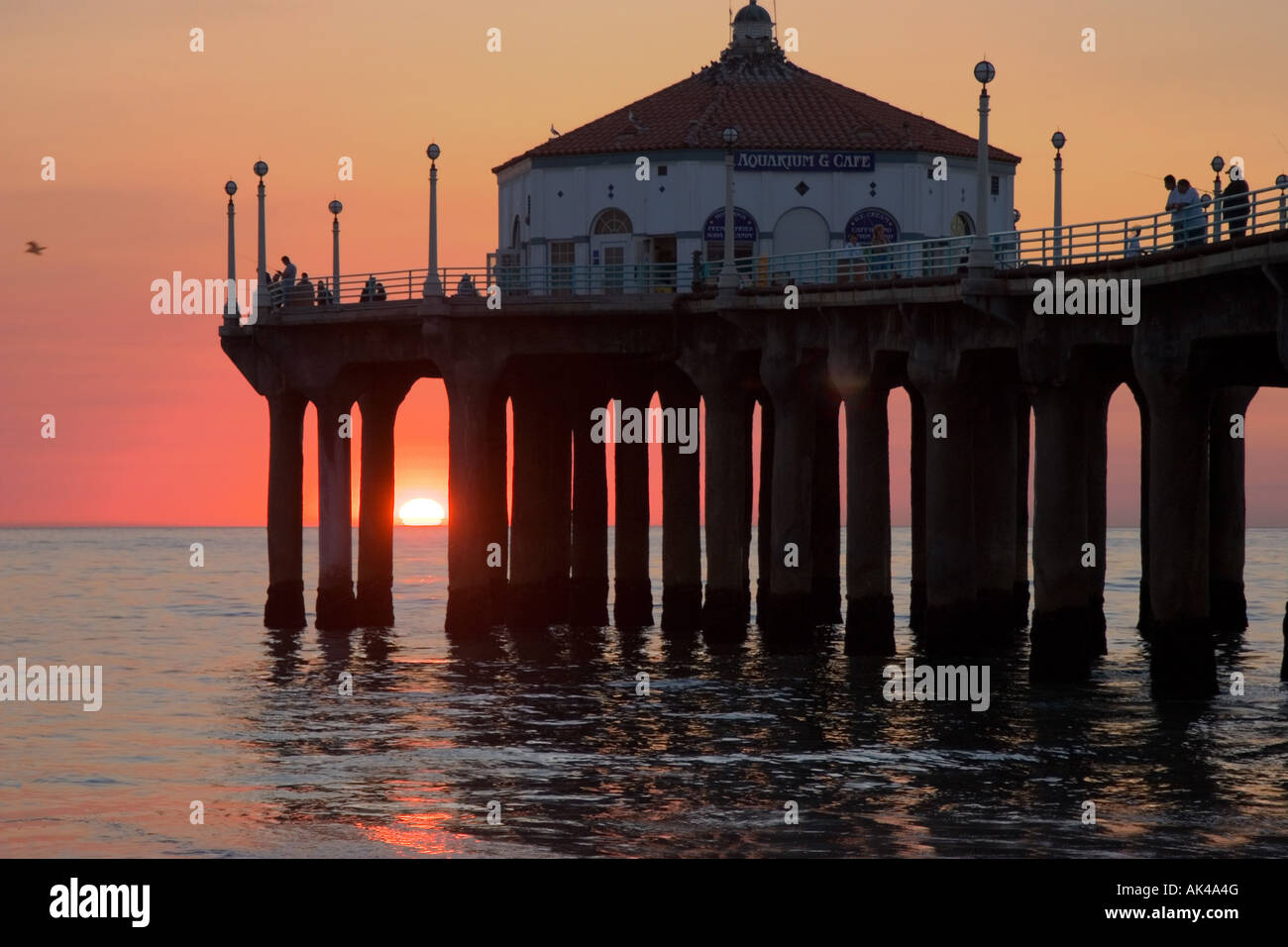 Sun sets through the Manhattan Beach Pier Stock Photo - Alamy