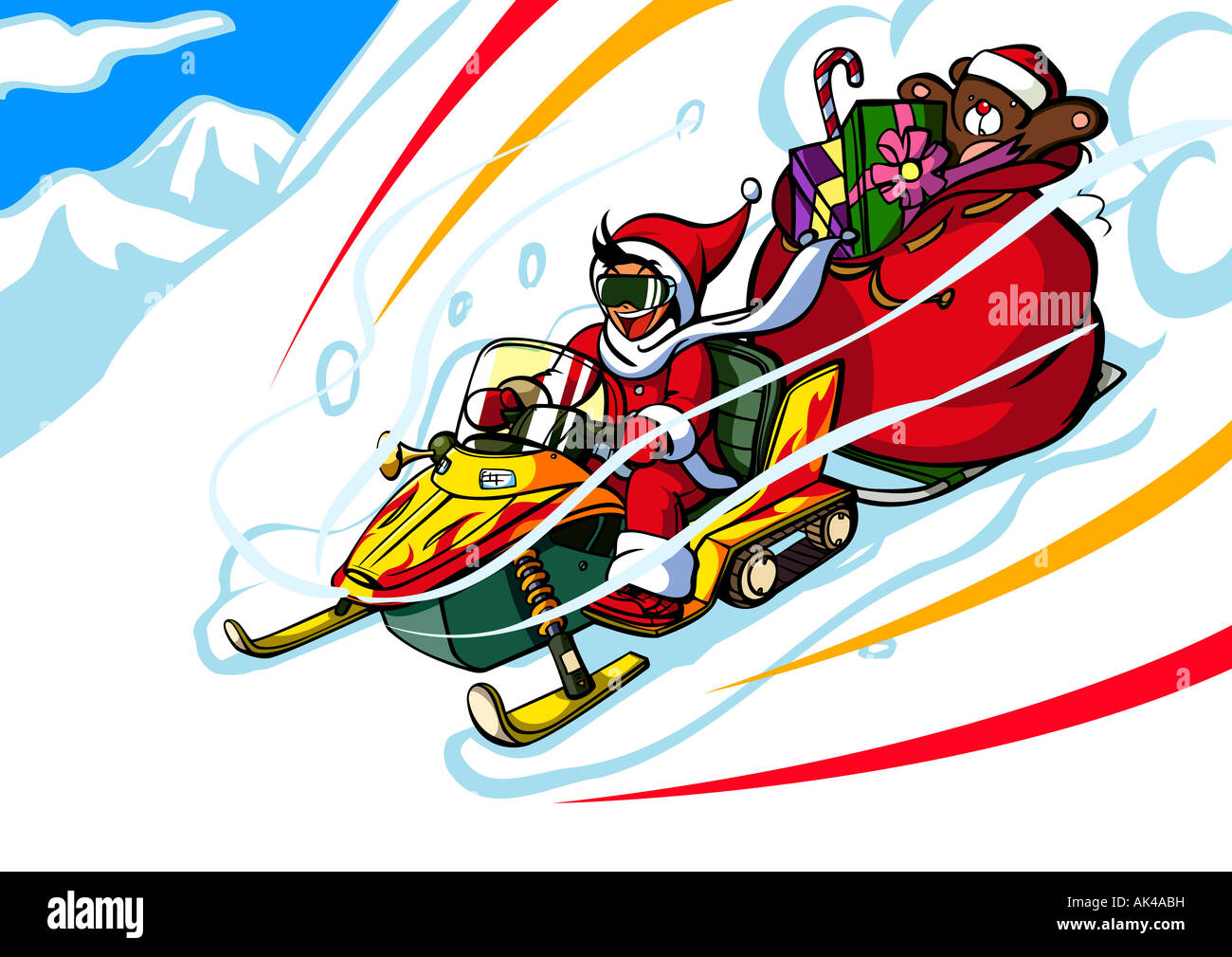 Man in a Santa costume riding a snowmobile with a gift bag Stock Photo ...