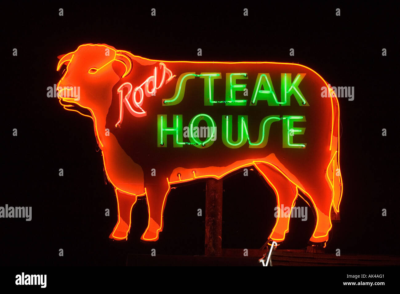 ARIZONA TOWN OF WILLIAMS Neon steak house sign on main street at night ...