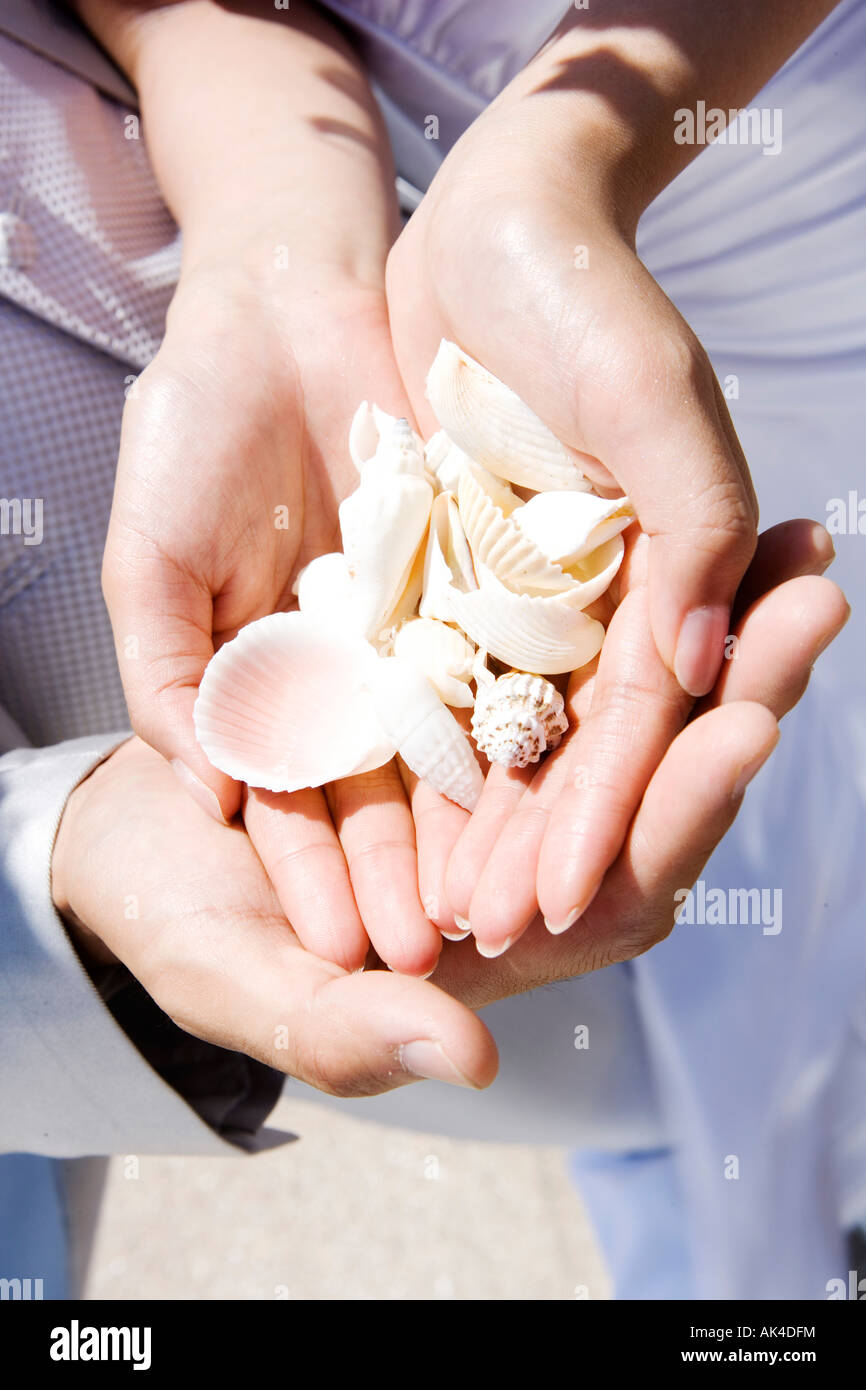 Man and woman holding seashells, with close-up of hands Stock Photo - Alamy