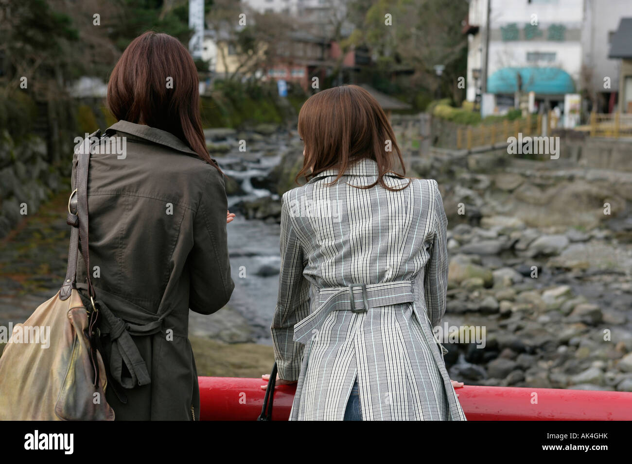 Two young women leaning against railing, rear view Stock Photo - Alamy
