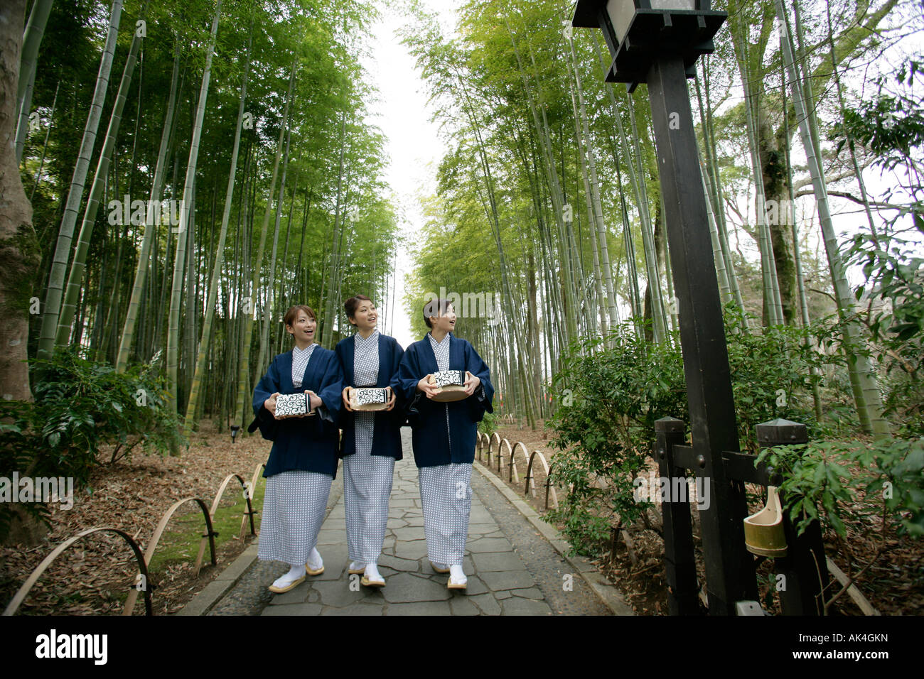 Three young women with buckets, walking in the garden Stock Photo - Alamy