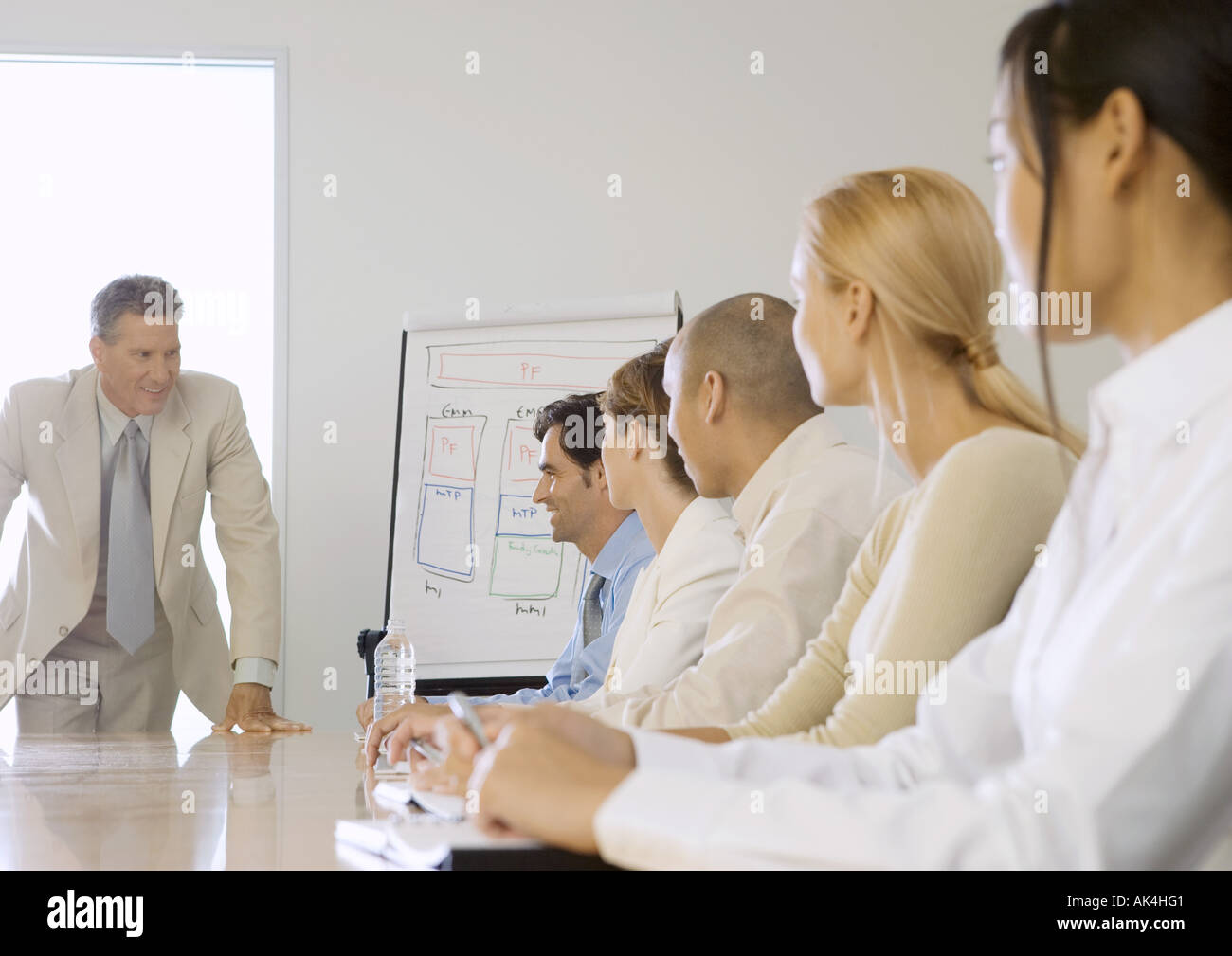 Businessman leaning on edge of conference table, speaking to team Stock ...
