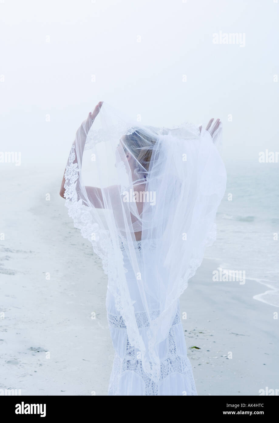 Bride holding up veil on beach Stock Photo - Alamy