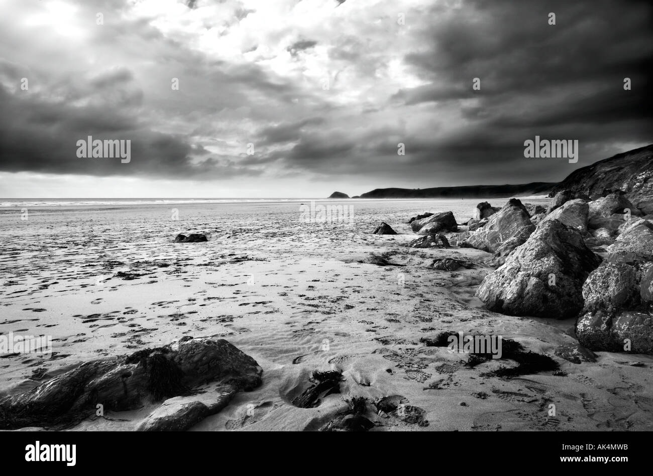 High contrast black and white Perranporth Beach, Cornwall, England, UK ...