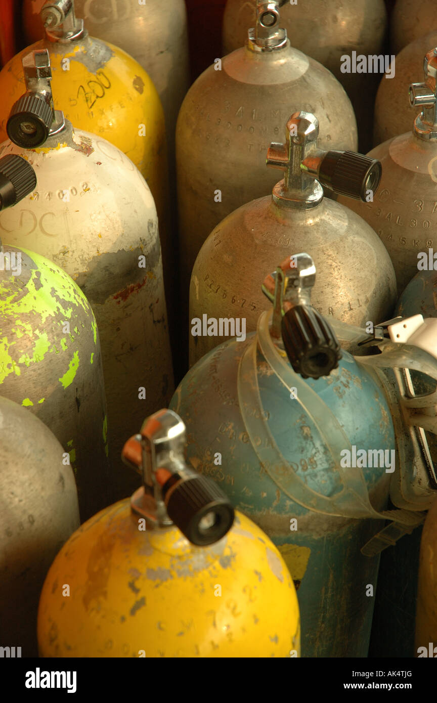 Coloured Scuba diving tanks Stock Photo - Alamy