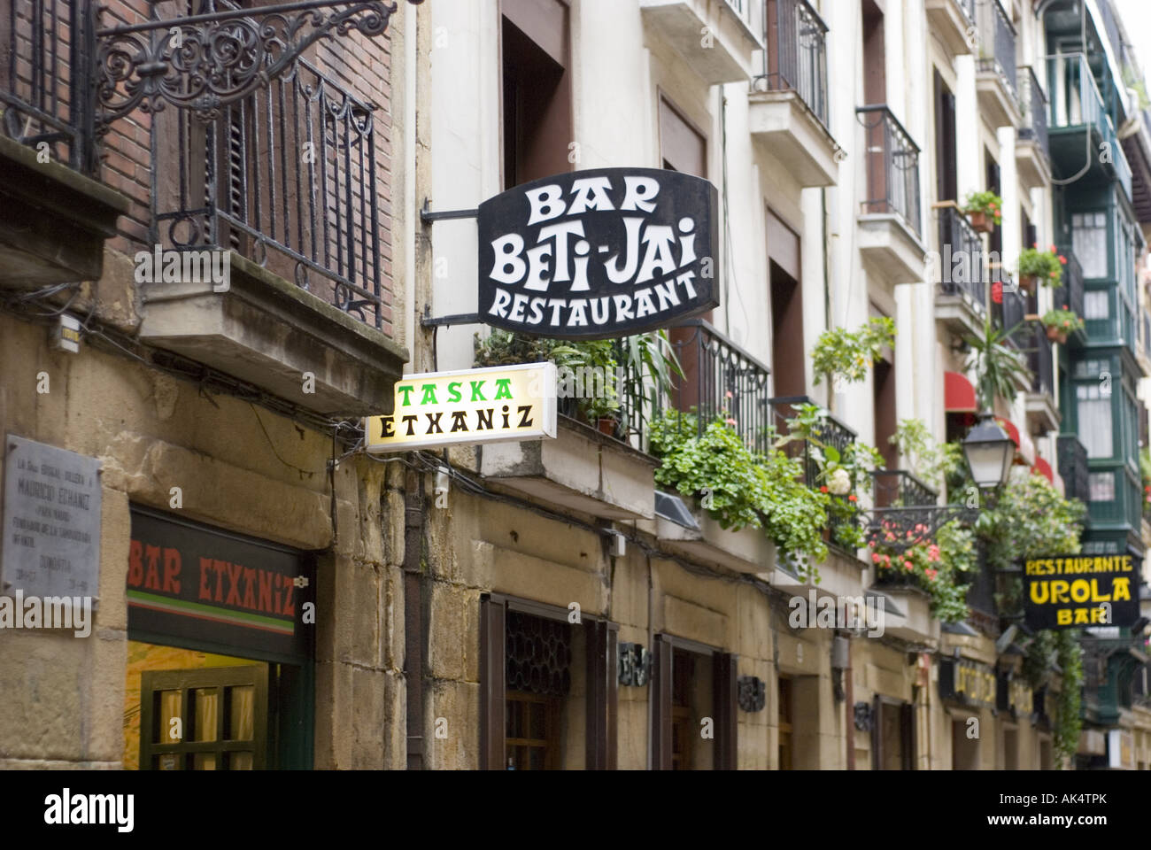 Signs in San Sebastian historic Old Town district, Spain Stock Photo ...