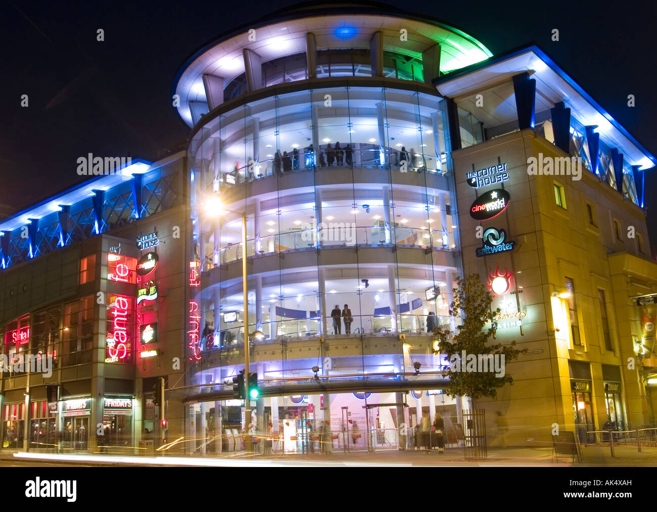 Night time at the brightly lit Cornerhouse Cinema and Entertainment ...