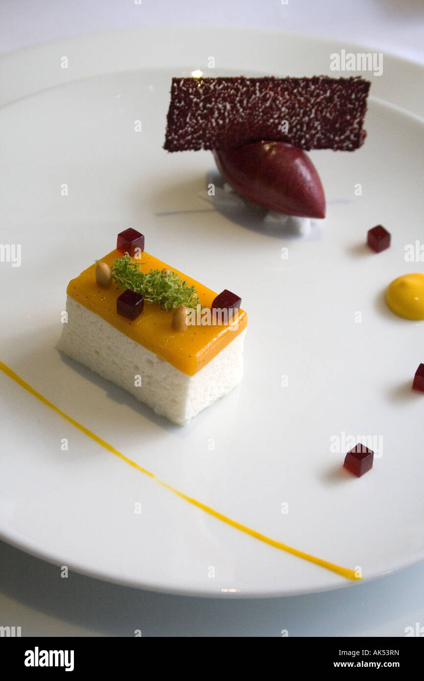 Mango and Douglas Fir Puree, Bavarois of Lychee and Mango, Blackcurrant ...