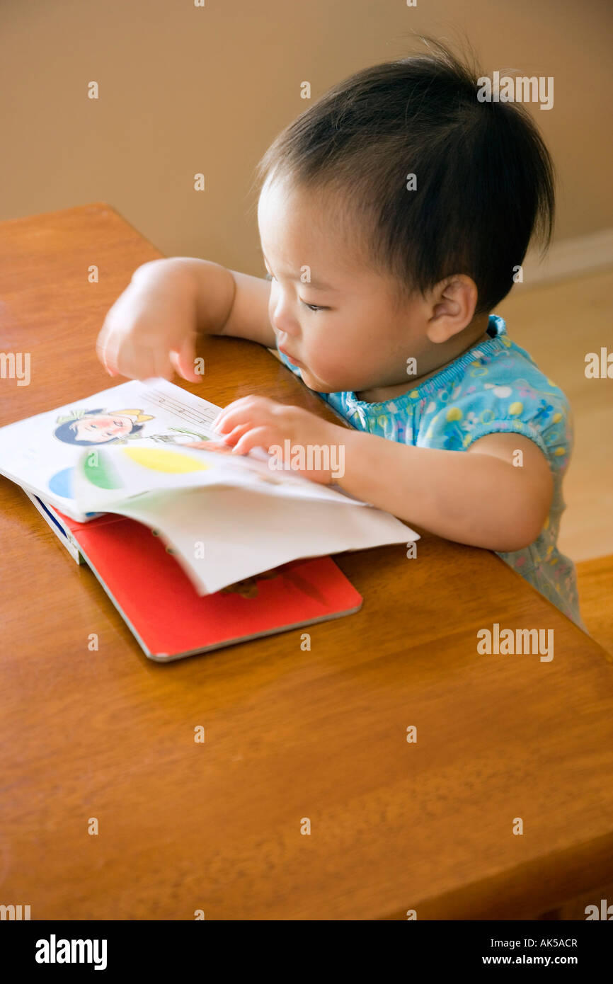 Toddler looking at a book Stock Photo - Alamy