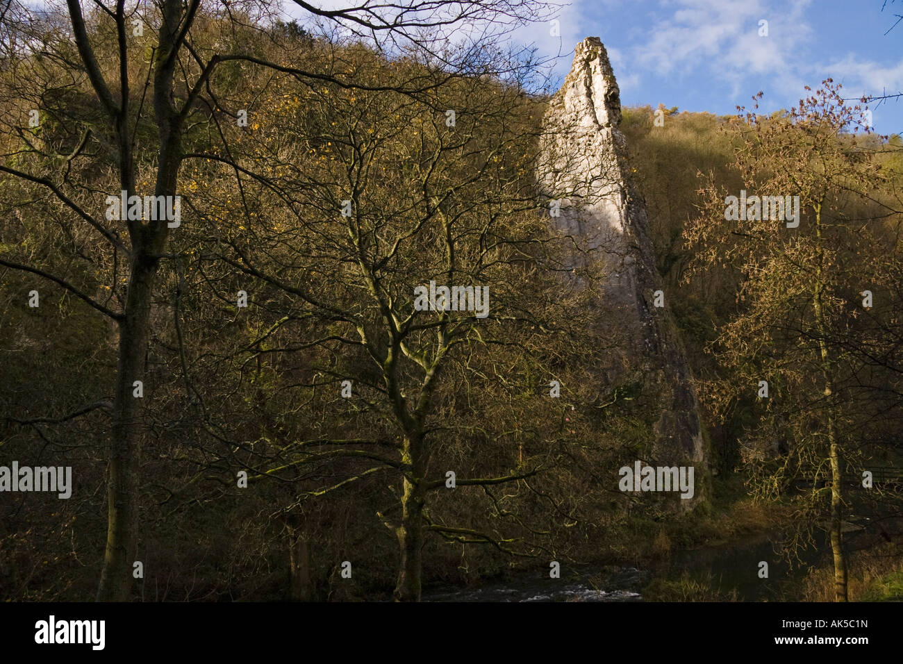 The limestone pinnacle known as Ilam Rock in Dovedale, Peak District ...