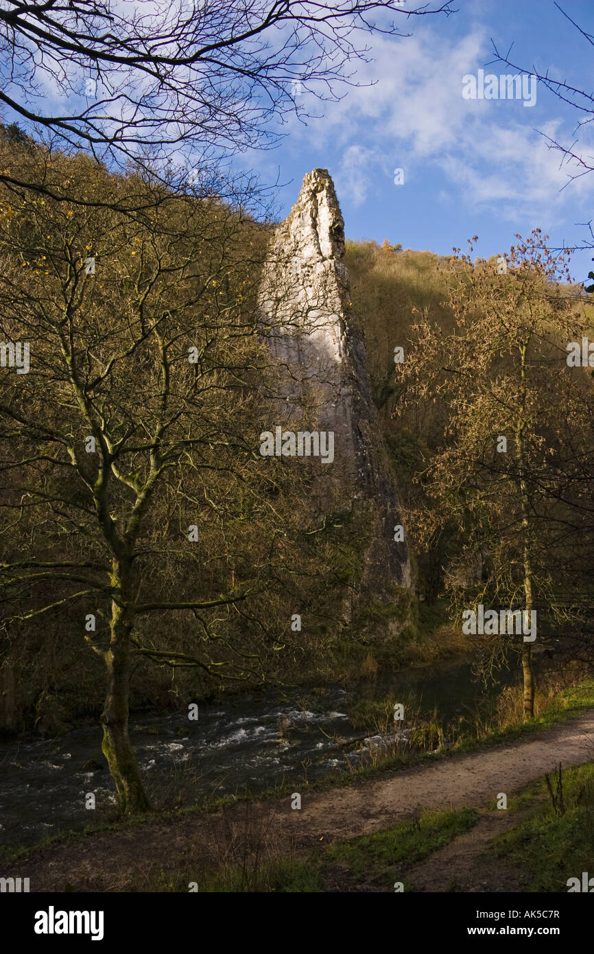 The limestone pinnacle known as Ilam Rock in Dovedale, Peak District ...