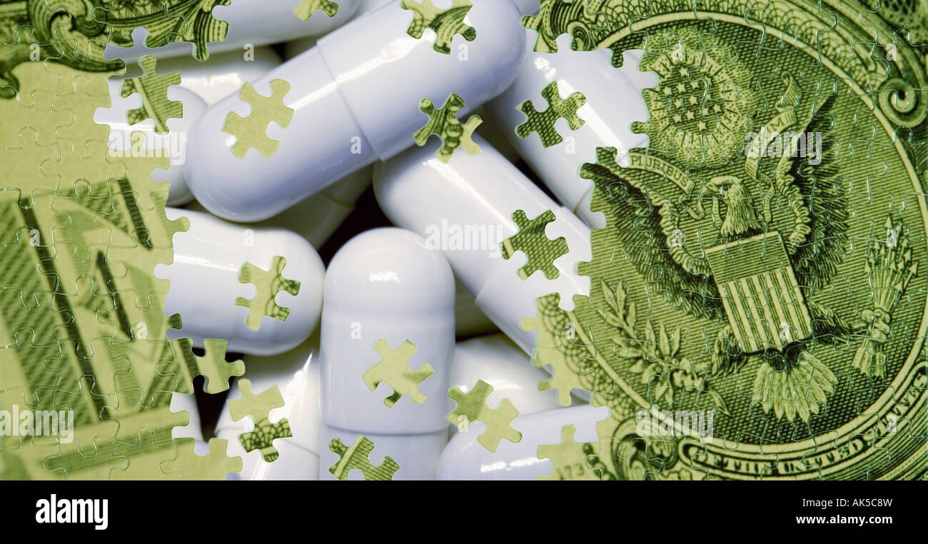 Composite of a US dollar bill and pills Stock Photo - Alamy