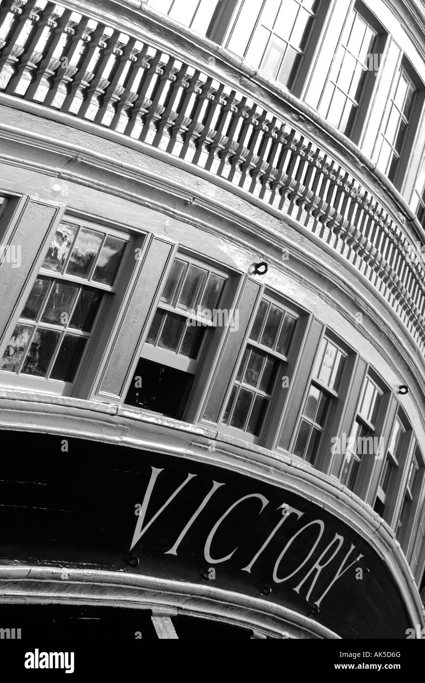 close-up detail of HMS Victory stern with name of ship in black and ...