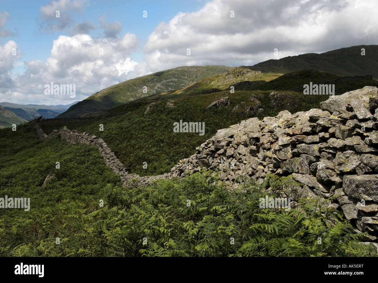 Light on stone wall Alcock Tarn near Grasmere Cumbria UK Stock Photo ...