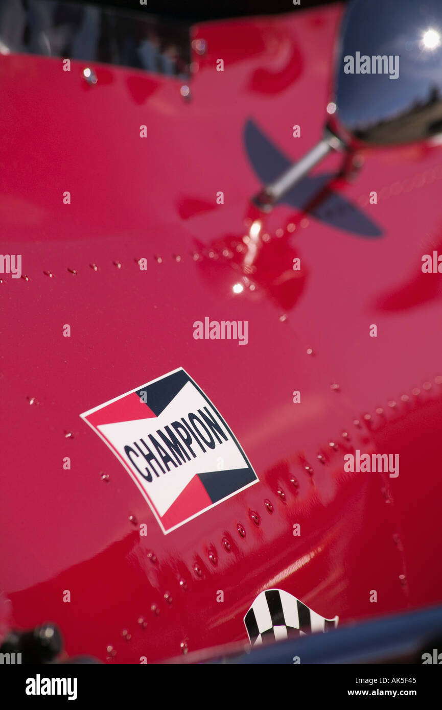 Detail view of sponsorship decals 1969 Ferrari F 312 Formula One serial ...