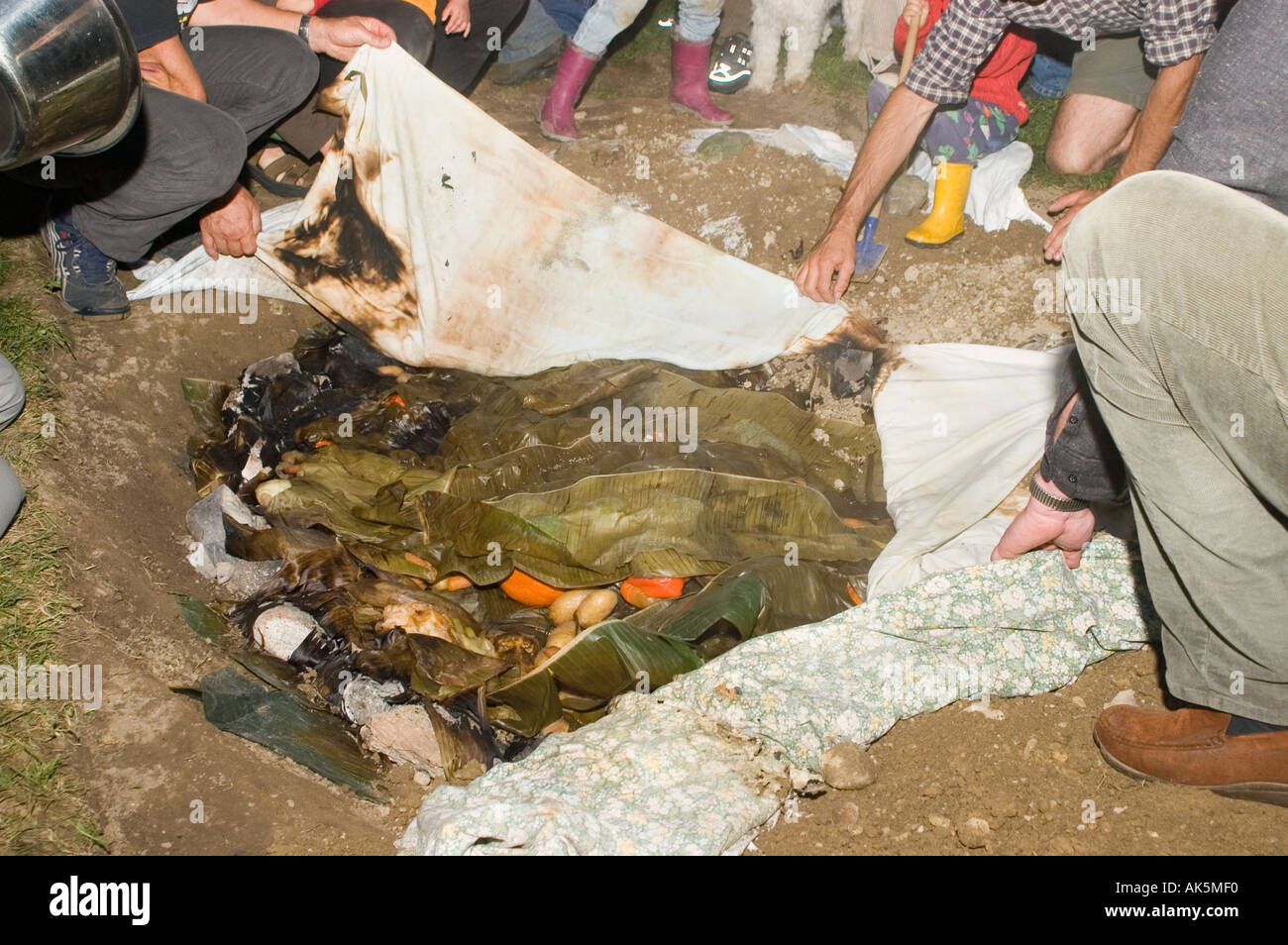 opening the pit oven at a curanto cooking in a pit oven vegetables and ...
