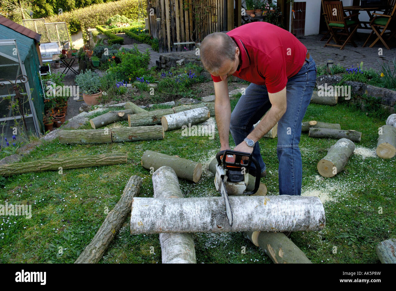 Man cutting tree trunk Stock Photo - Alamy