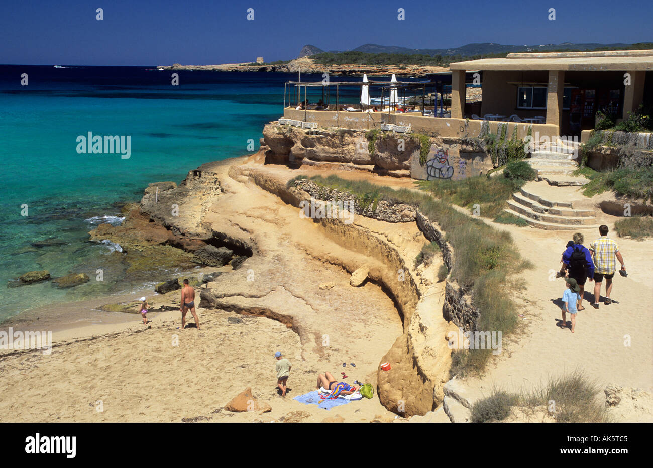 Cala Comte beach with beach restaurant Stock Photo - Alamy