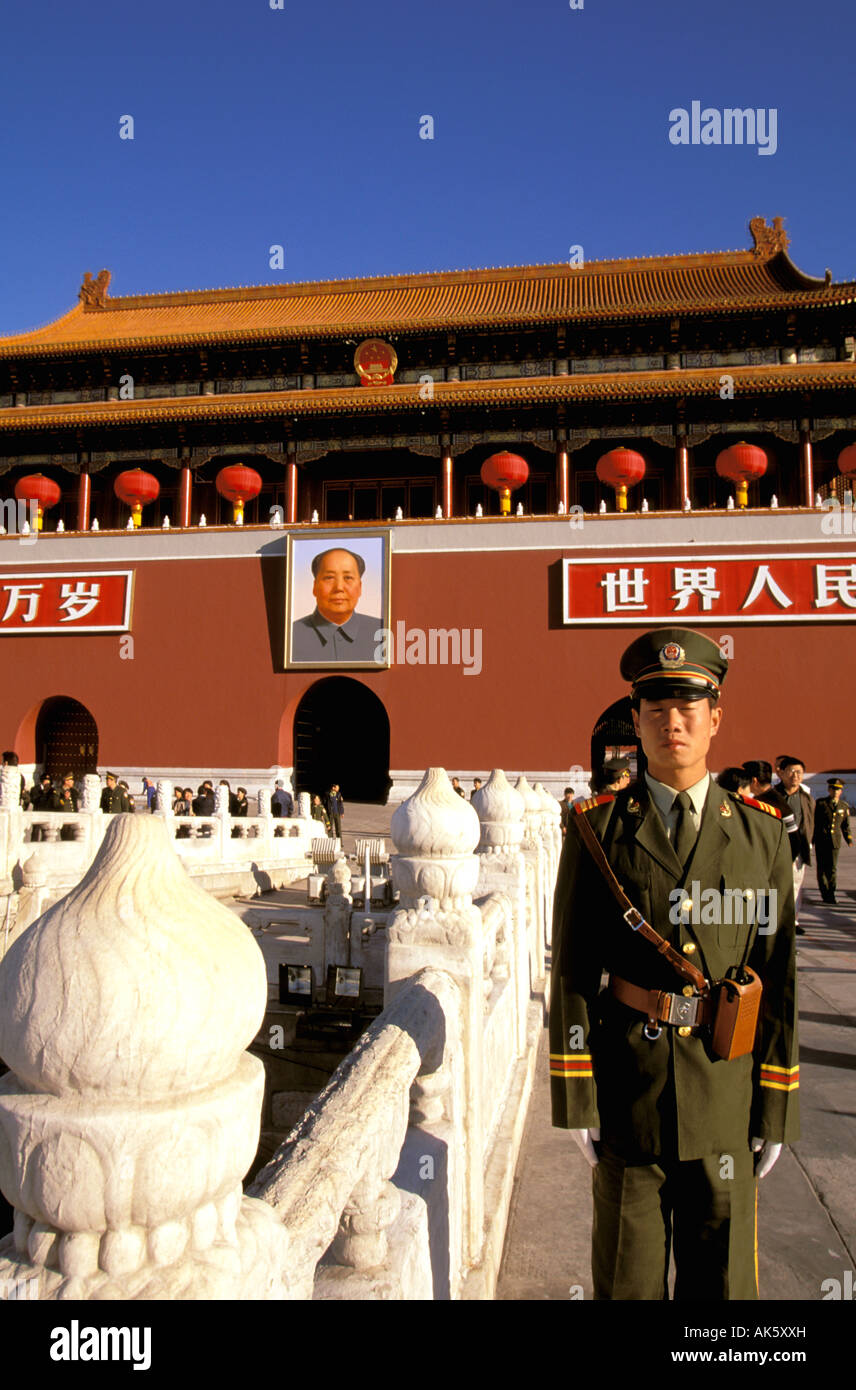 Asia, China, Beijing. Tiananmen Square, Chinese Army Soldier on guard ...