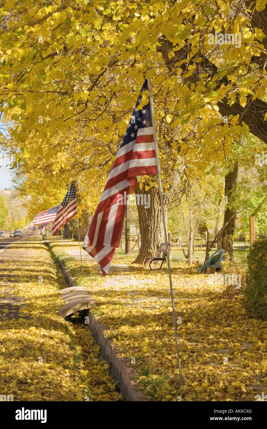 small town main street autumn flags Stock Photo - Alamy