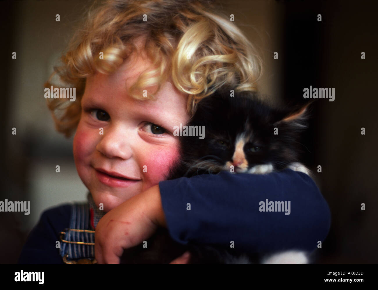 A small boy cuddles his kitten Stock Photo - Alamy