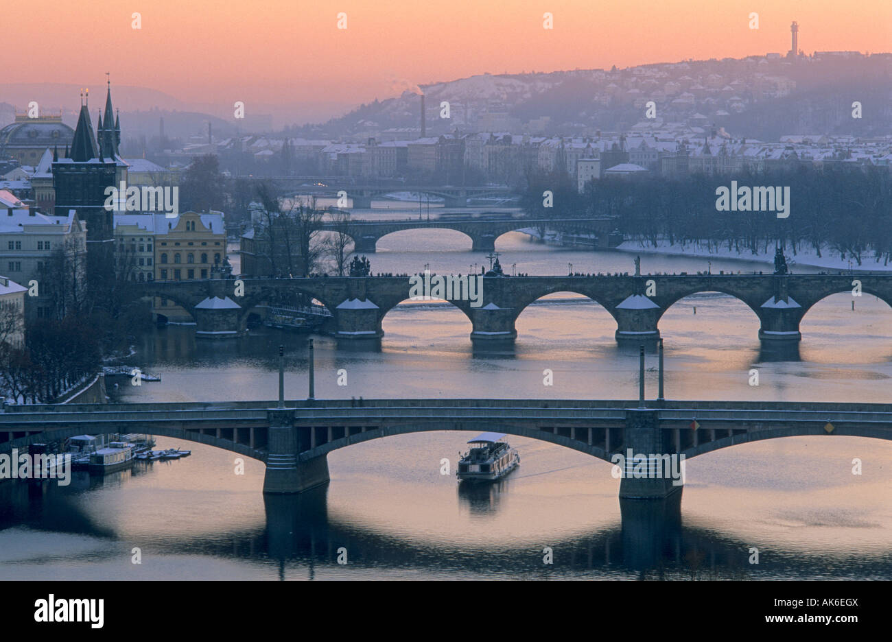Prague bridges at sunset crossing the River Vltava Prague Czech ...