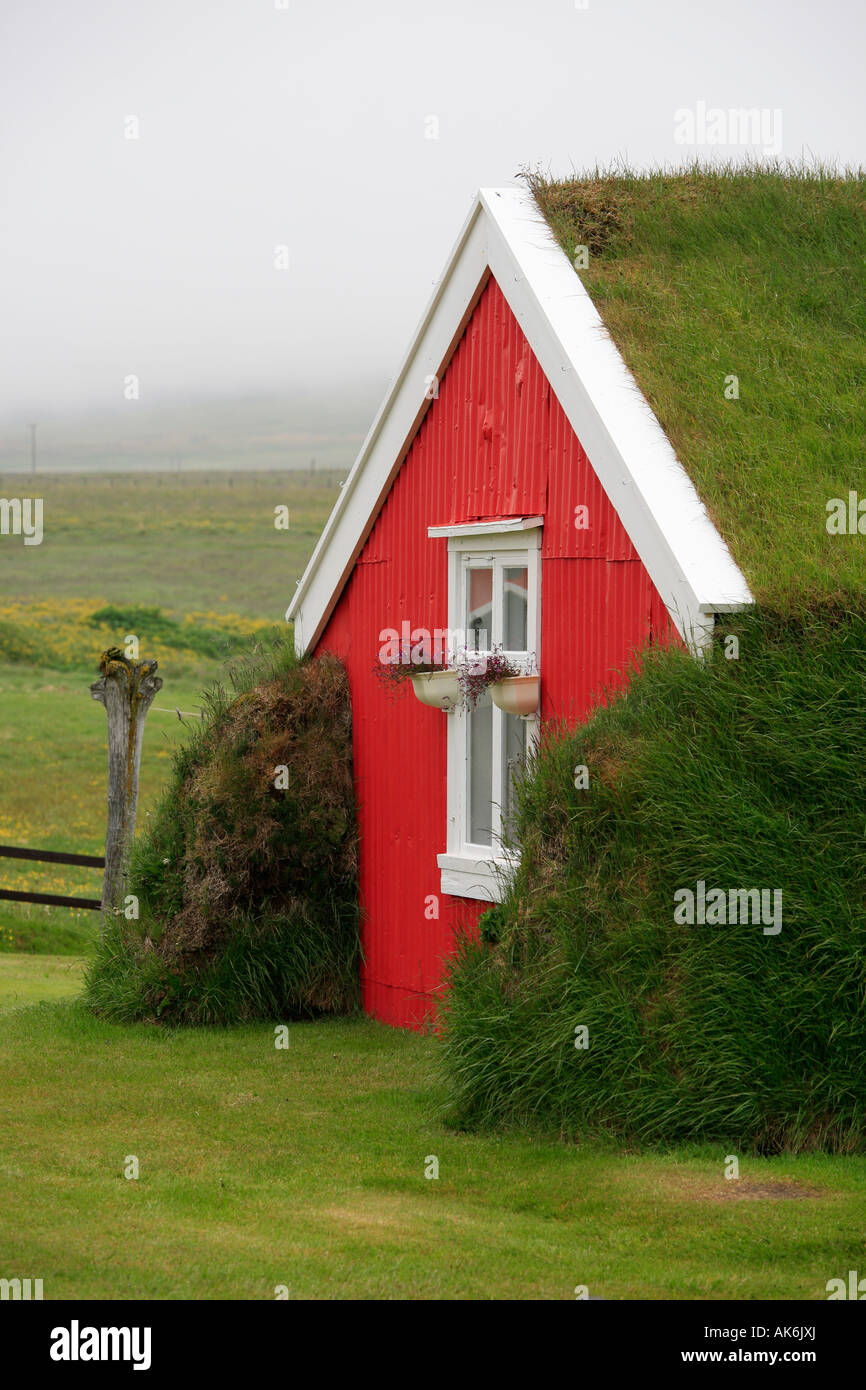 red turf house Lindarbakki in Bakkagerdi on the East coast of Iceland ...