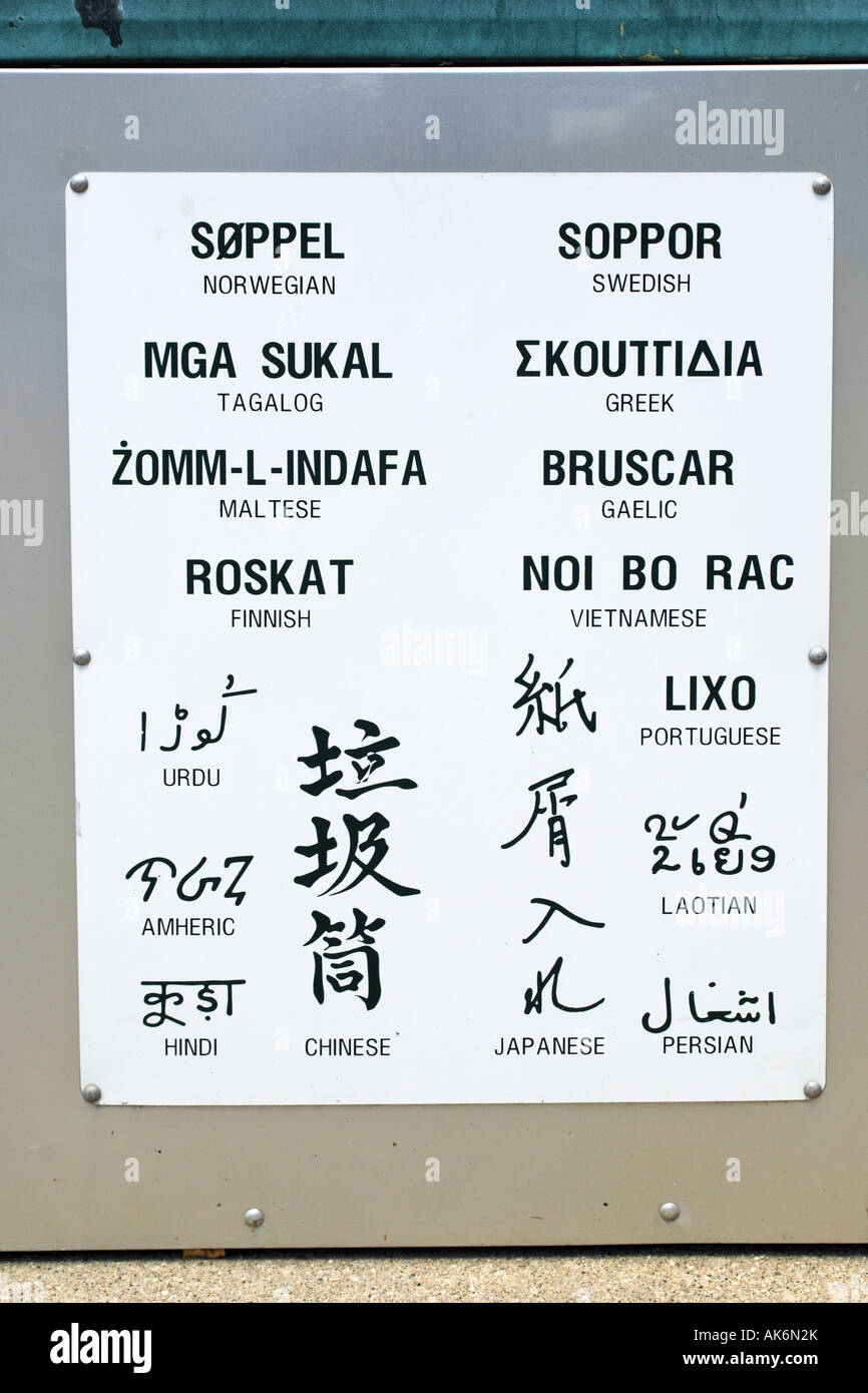 Different languages on a litter bin all saying the same word LITTER ...