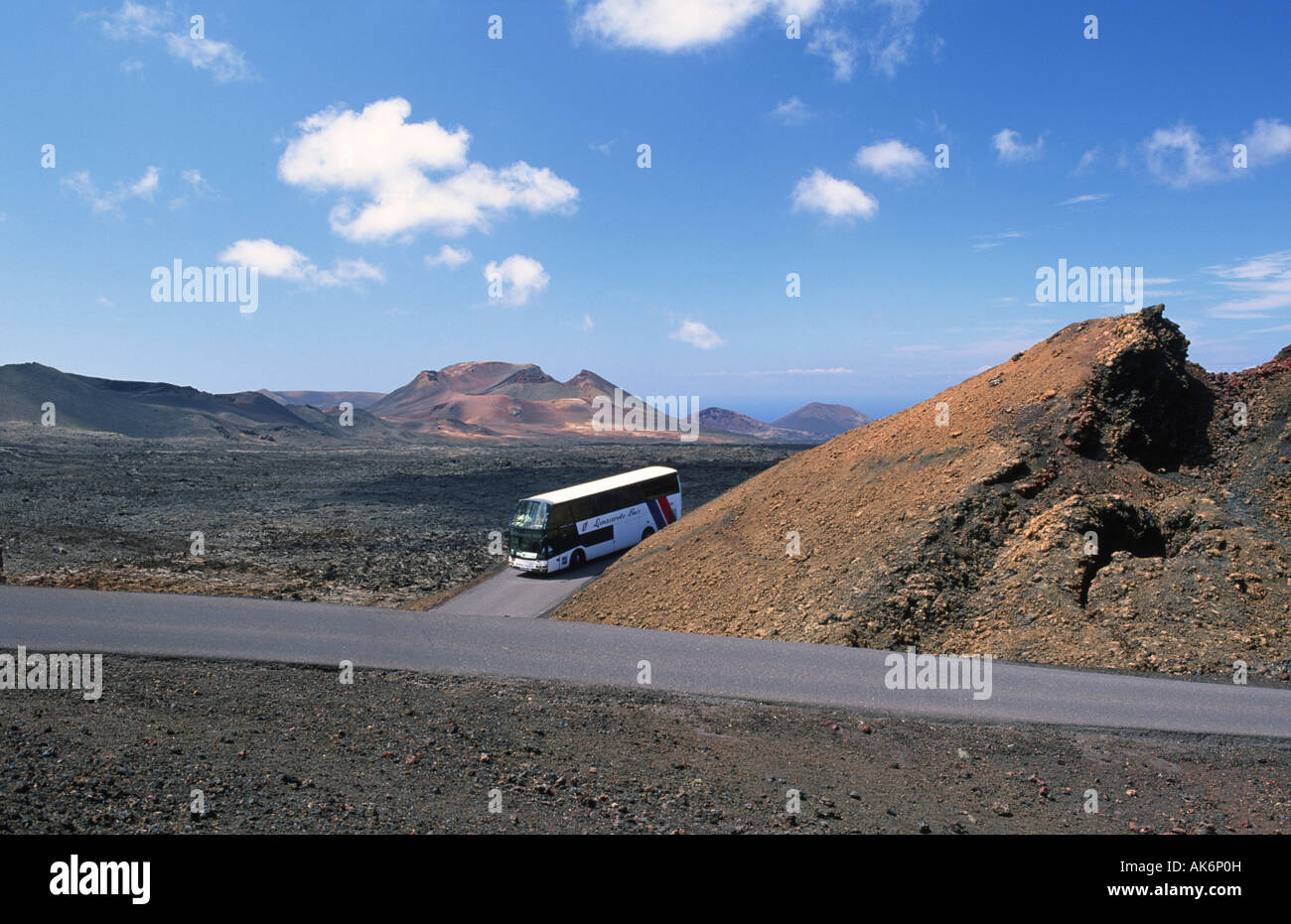 Tour bus in the National park Timanfaya Lanzarote Canary Islands Spain ...