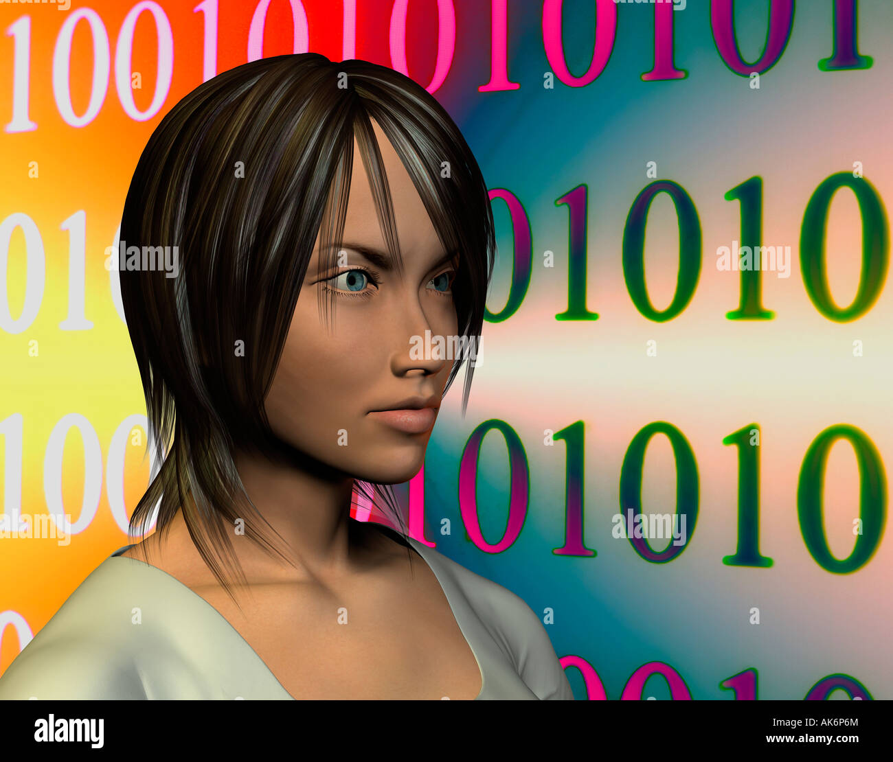 computer generated young woman and binary code background Stock Photo ...