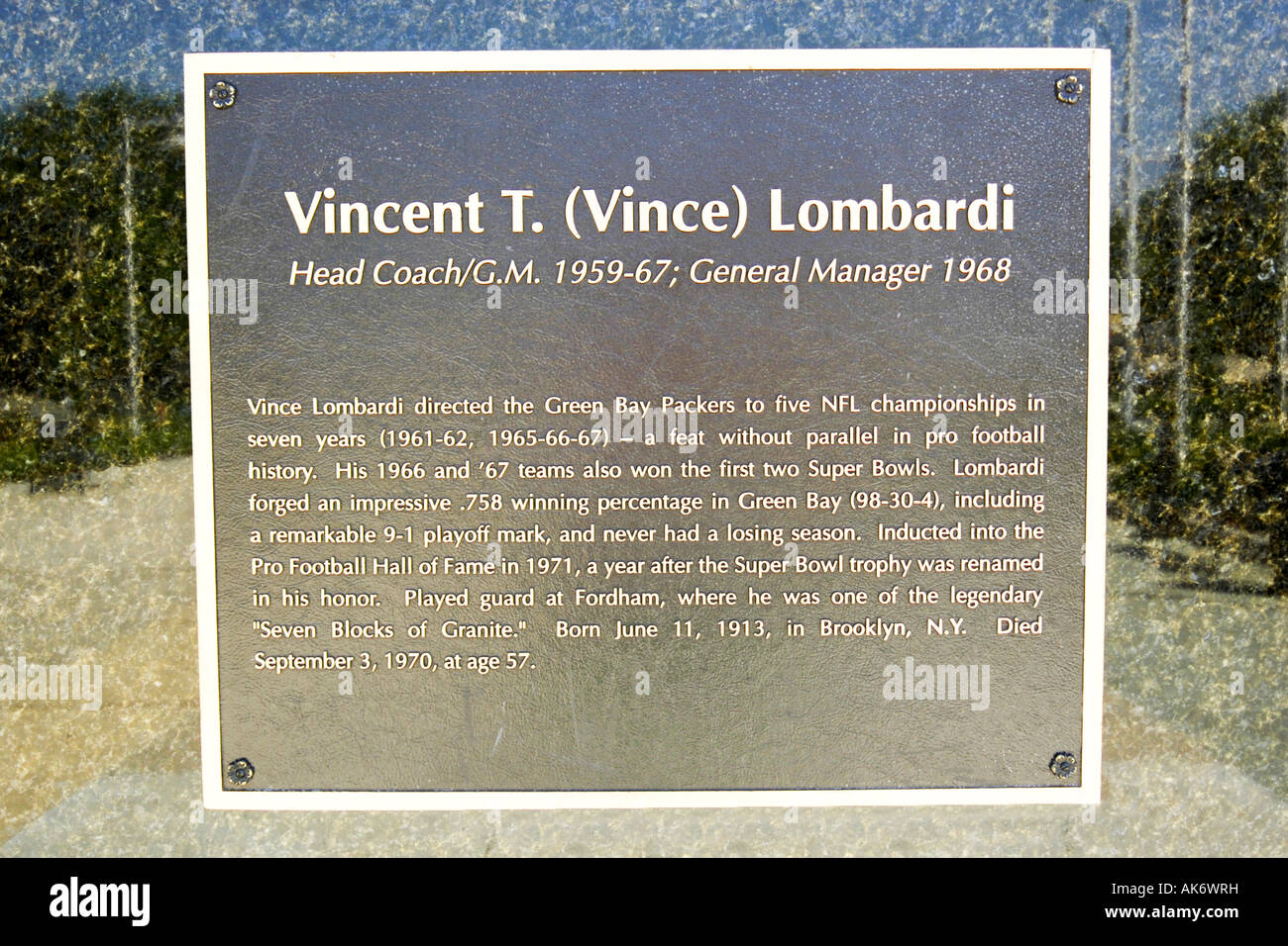 Dedication Plaque to Vince Lombardi outside the Greenbay Packers ...