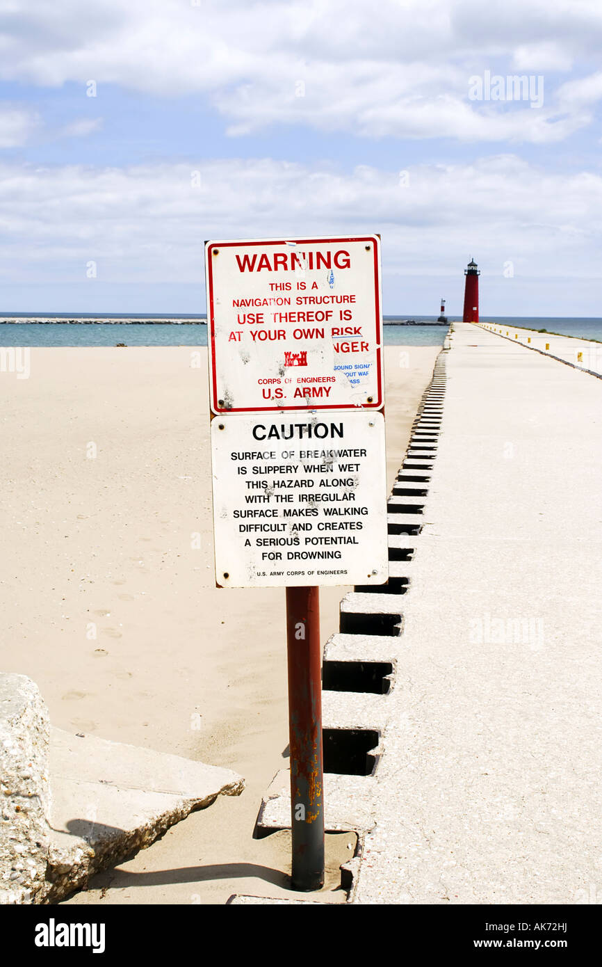 Warning sign at the edge of the Harbor pier at Kenosha Wisconsin WI ...