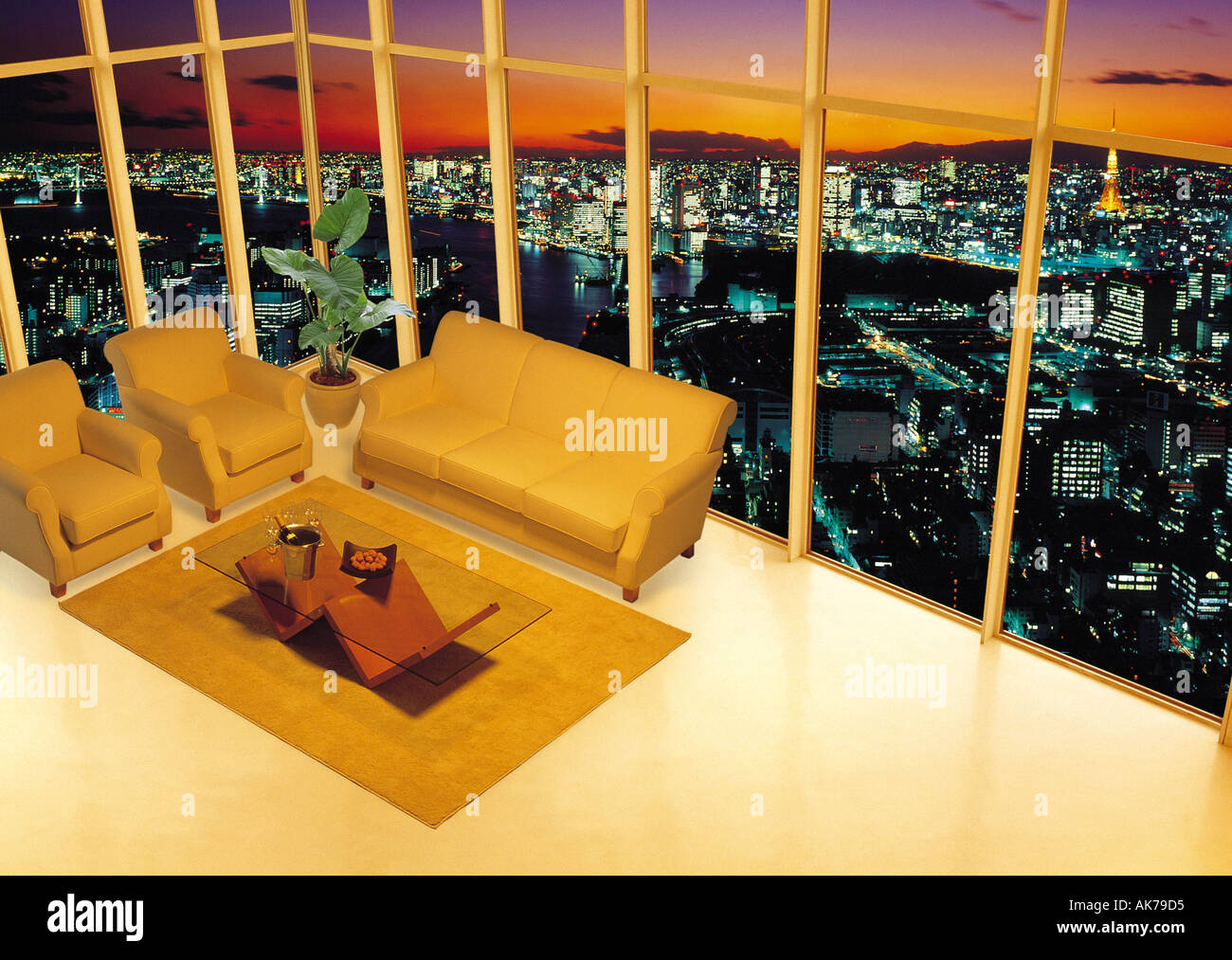 Living room night view Stock Photo - Alamy