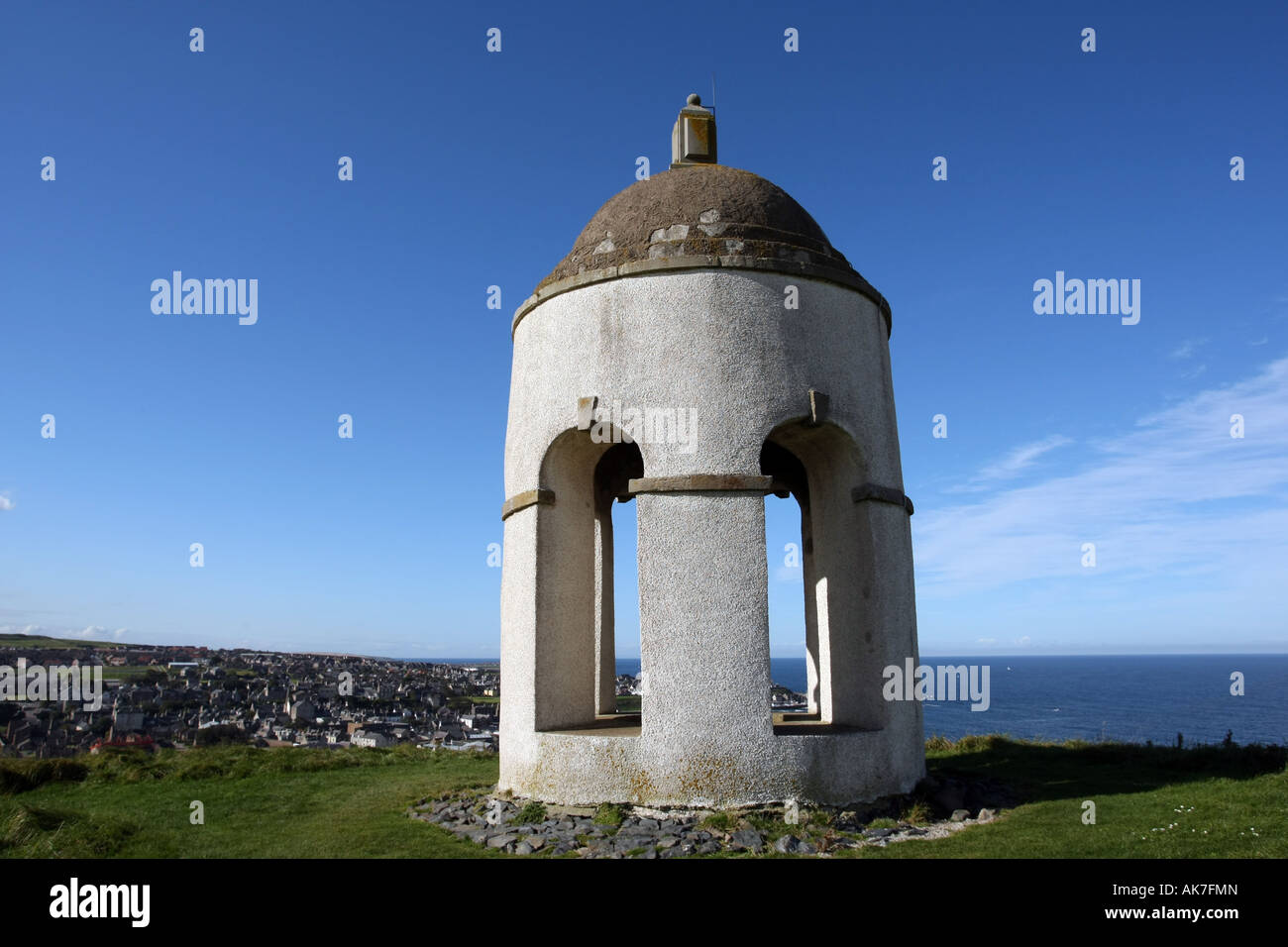 Tower on hill overlooking the coastal village of Banff, Aberdeenshire ...