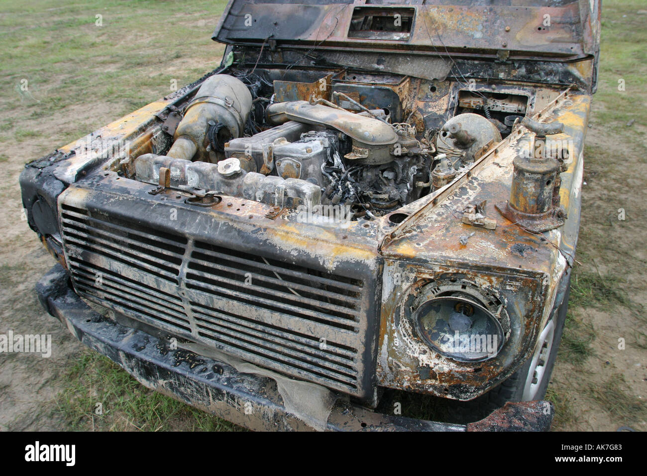 burnt out engine of a Mercedes G 4x4 car Stock Photo - Alamy