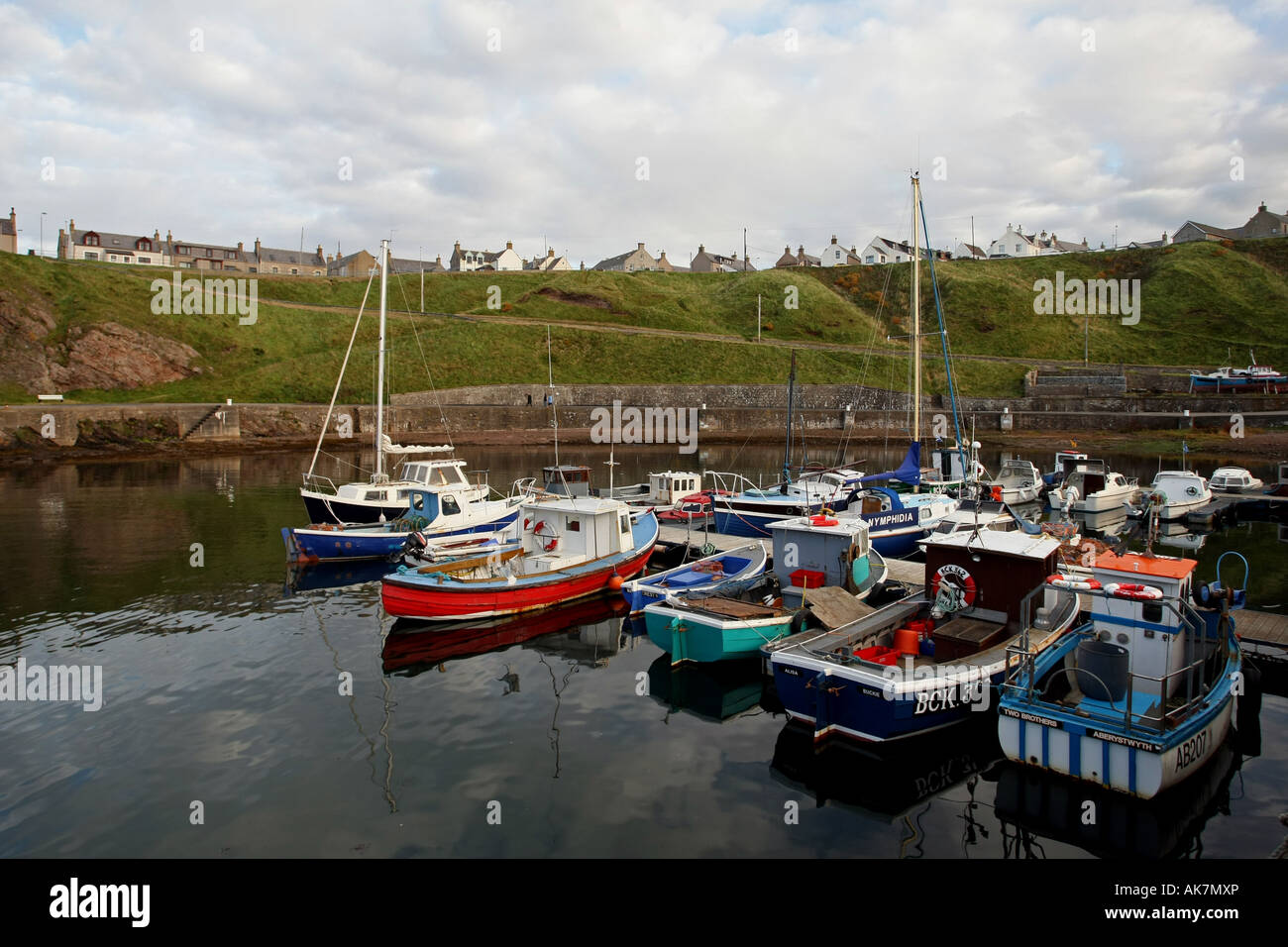 The harbour of the fishing village of Portknockie on the Moray Coast at ...