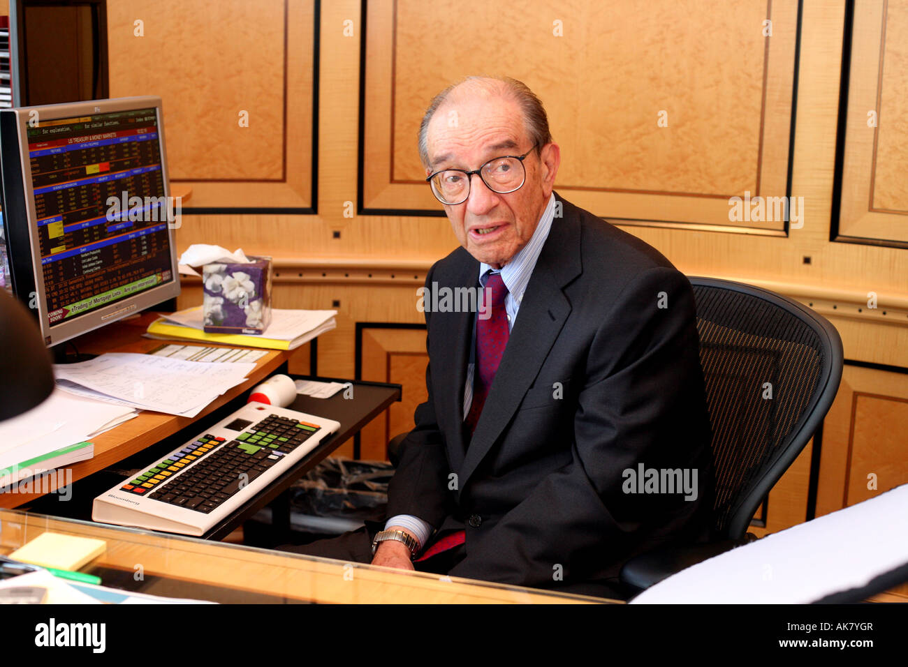 Alan Greenspan at his office in Washington DC for story by Ed Conway ...