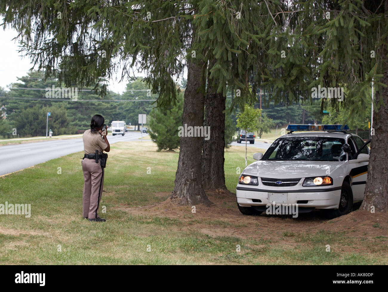 A hiding Traffic Cop pointing speed gun at traffic Stock Photo - Alamy