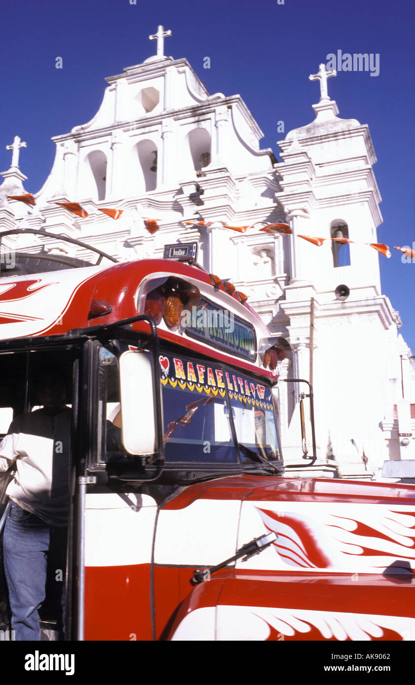Guatemalan transport a converted US schoolbus Outside church San ...
