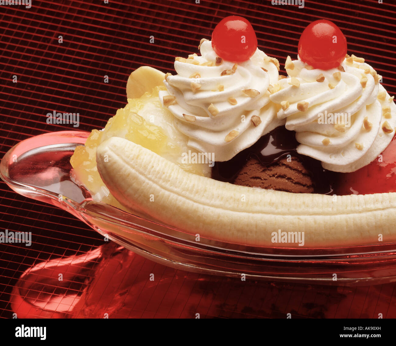 close up three scoop banana split ice cream sundae vanilla chocolate ...