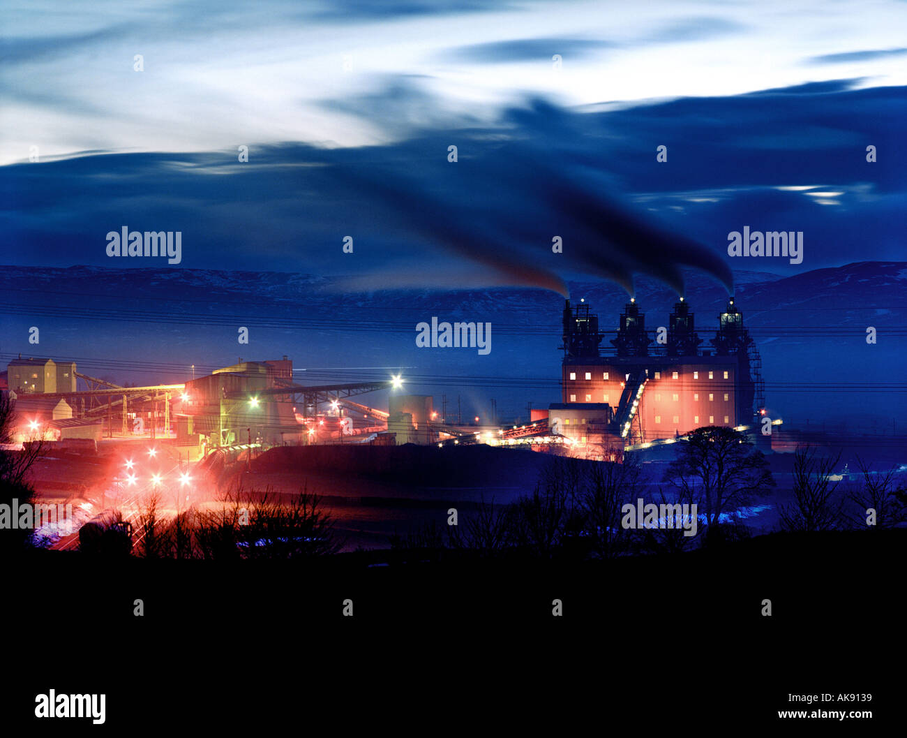 factory, night, cumbria, england, uk, smoke, chimney, pollution ...