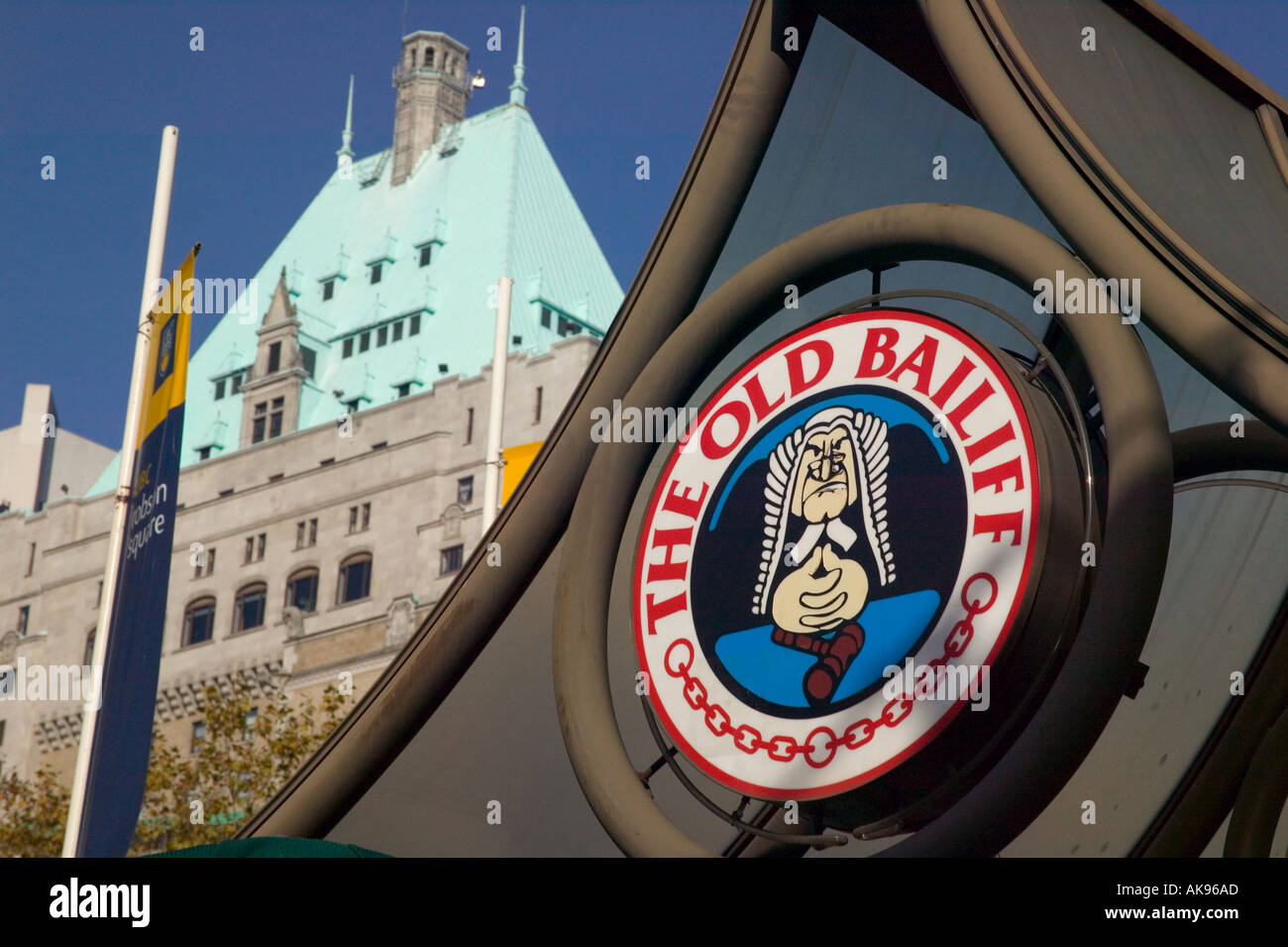 Hotel Vancouver and Old Bailiff Restaurant sign at Robson Square ...