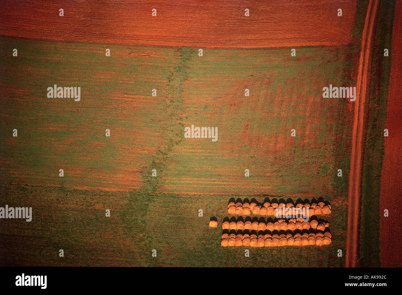 Aerial of Farm and Haystacks Stock Photo - Alamy